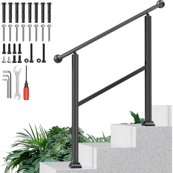 3-Step Outdoor Stair Handrail Kit, Heavy Duty Aluminum Alloy Adjustable ...