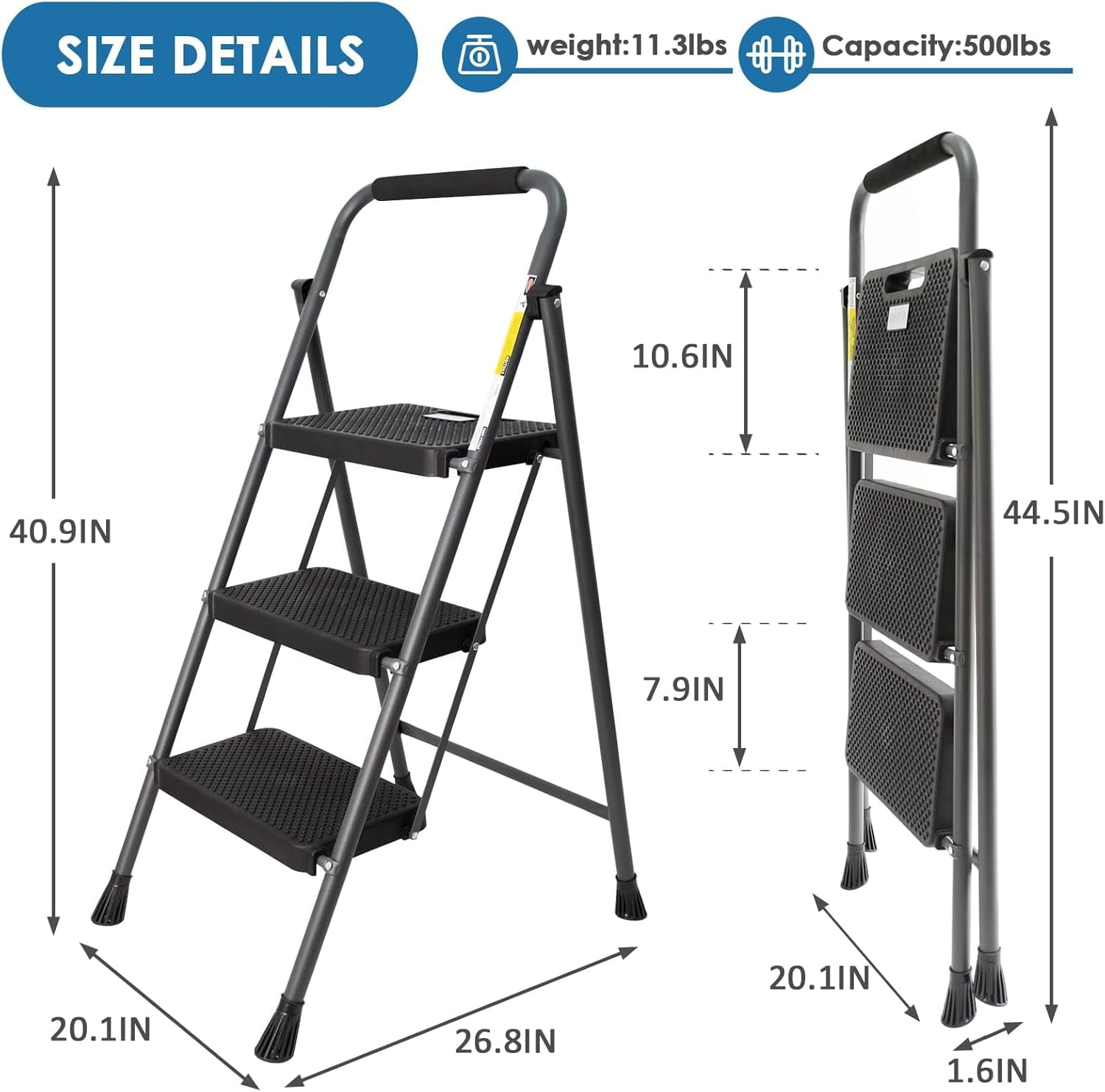 3-Step Steel Folding Ladder, Portable Step Stool with Anti-Slip Wide ...