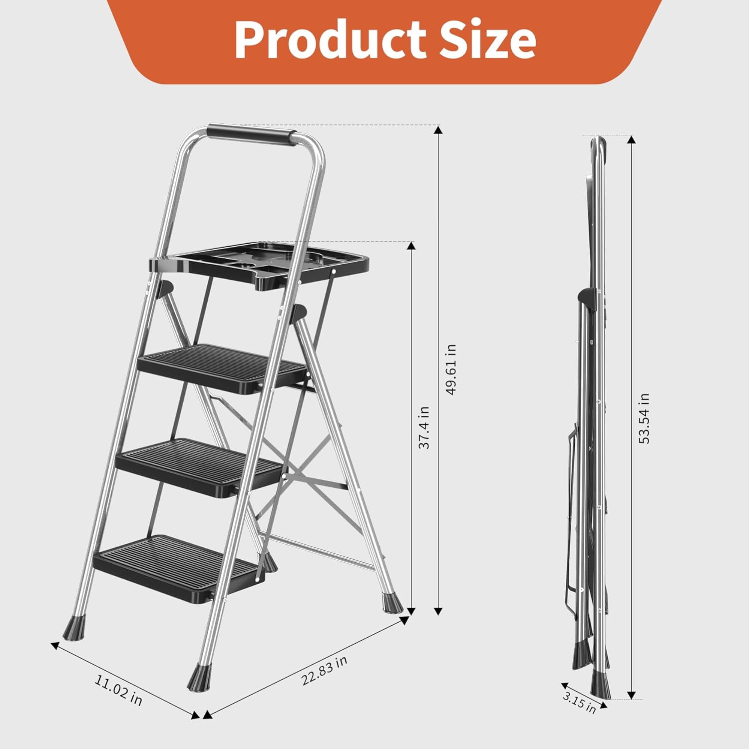 3-Step Steel Folding Ladder with Tool Platform, Wide Anti-Slip Pedals ...