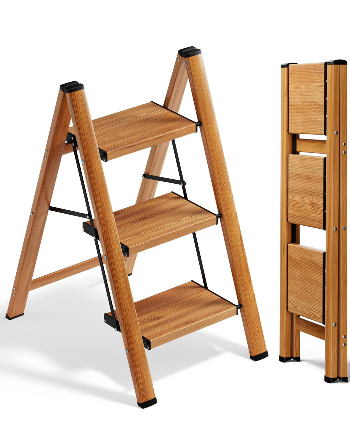 3 Step Woodgrain Folding Aluminum Step Stool Multi-use Home Kitchen ...