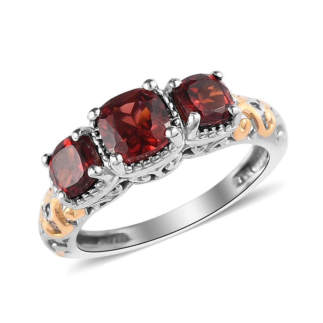 3 Stone Cushion Garnet 925 Sterling Silver Rings for Women 14K Yellow ...