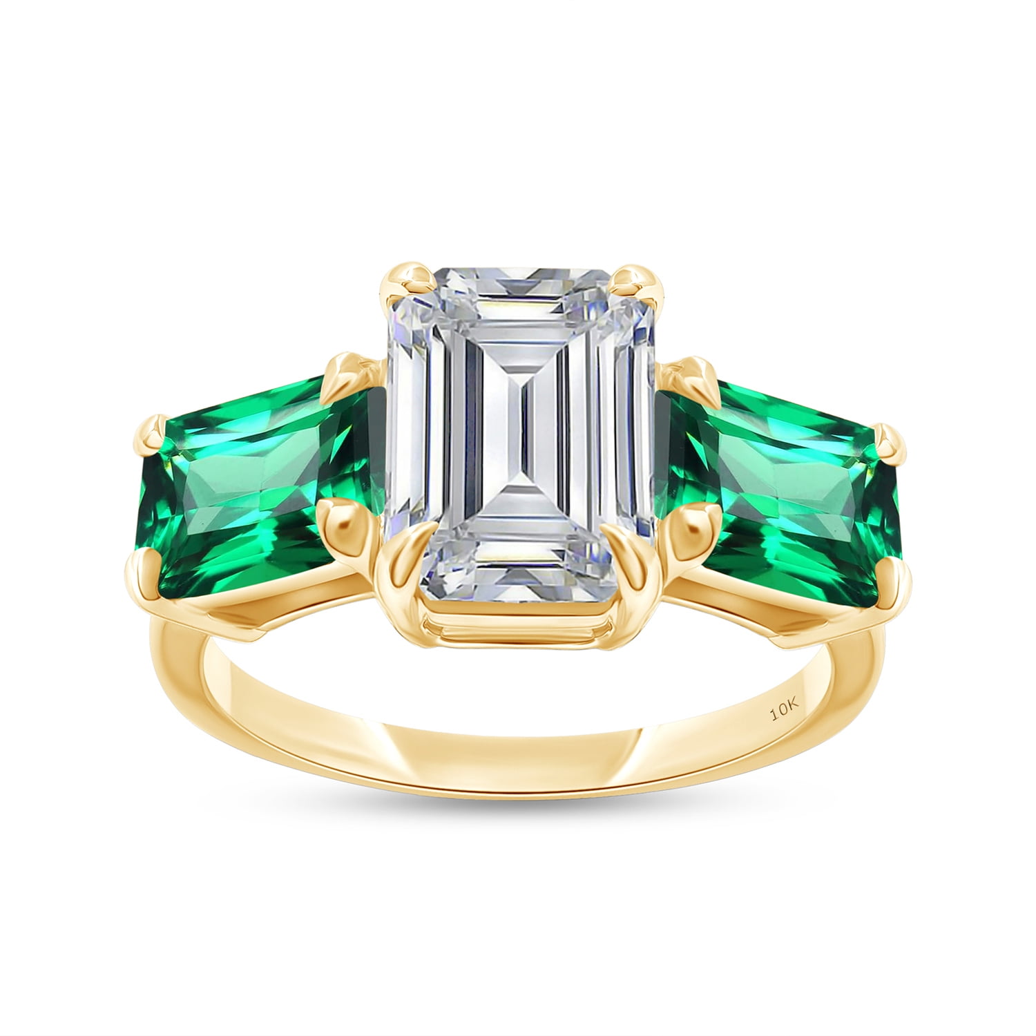 3-Stone Ring for Women, Emerald Cut Lab Created Moissanite & Green ...