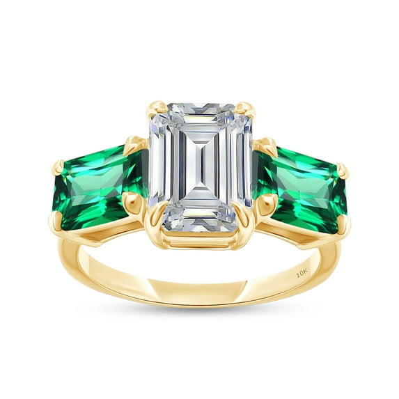 3-Stone Ring for Women, Emerald Cut Lab Created Moissanite & Green ...