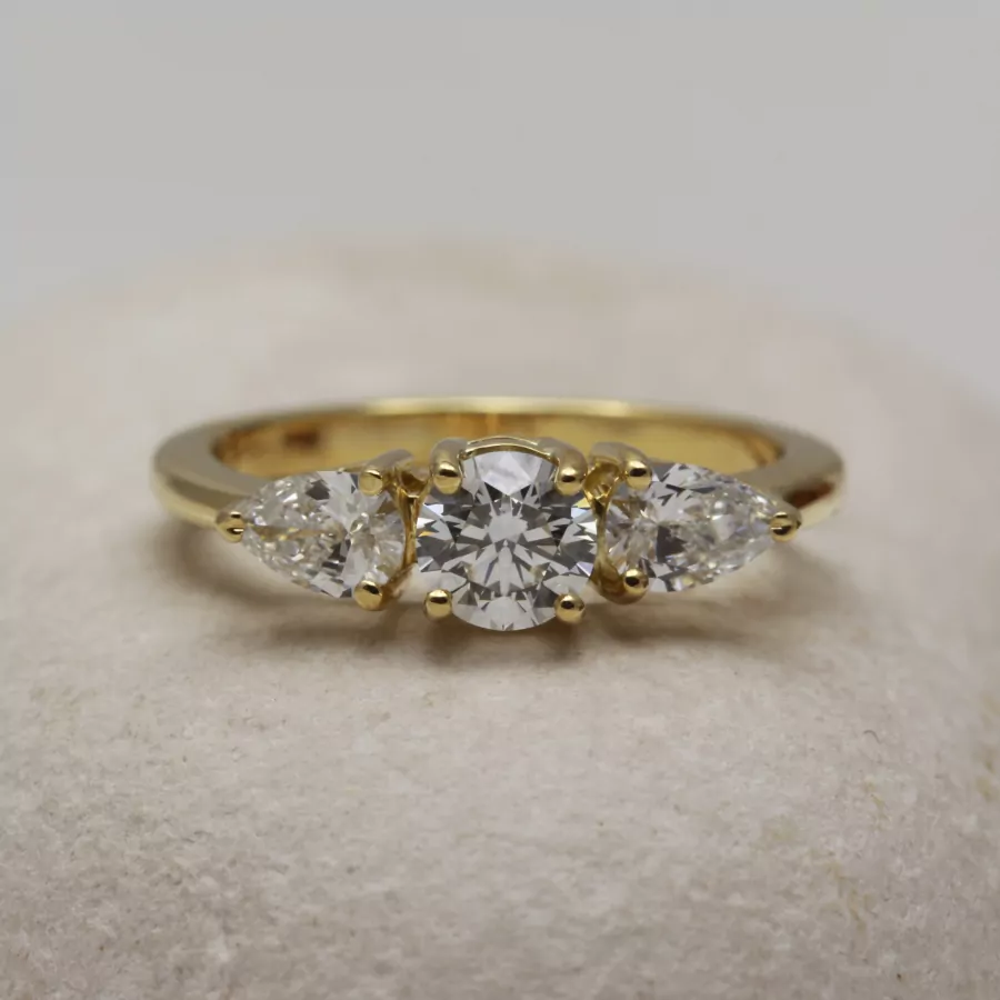 3-Stone Round and Pear Cut Lab Diamond Engagement Ring 14K Yellow Gold ...