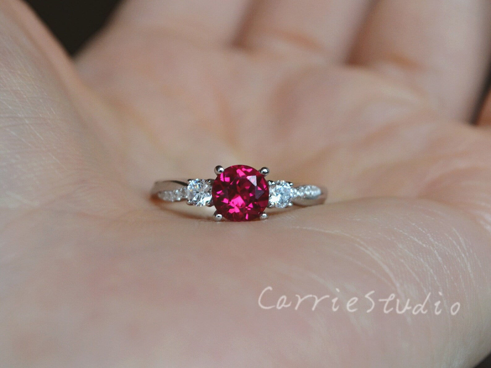 3 Stone Style Ruby Ring/925 Silver Lab Ruby Engagement Ring/Red Gem ...