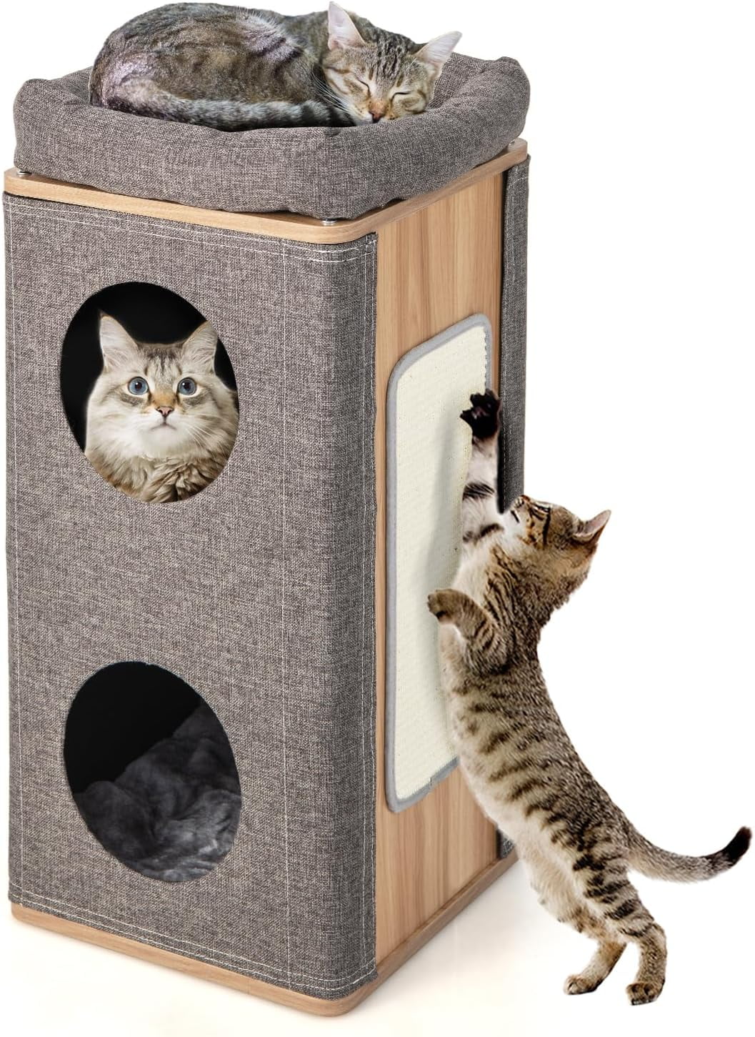 3-Story Cat Tree Condo, Wooden Cat House with Scratching Board, 2 ...
