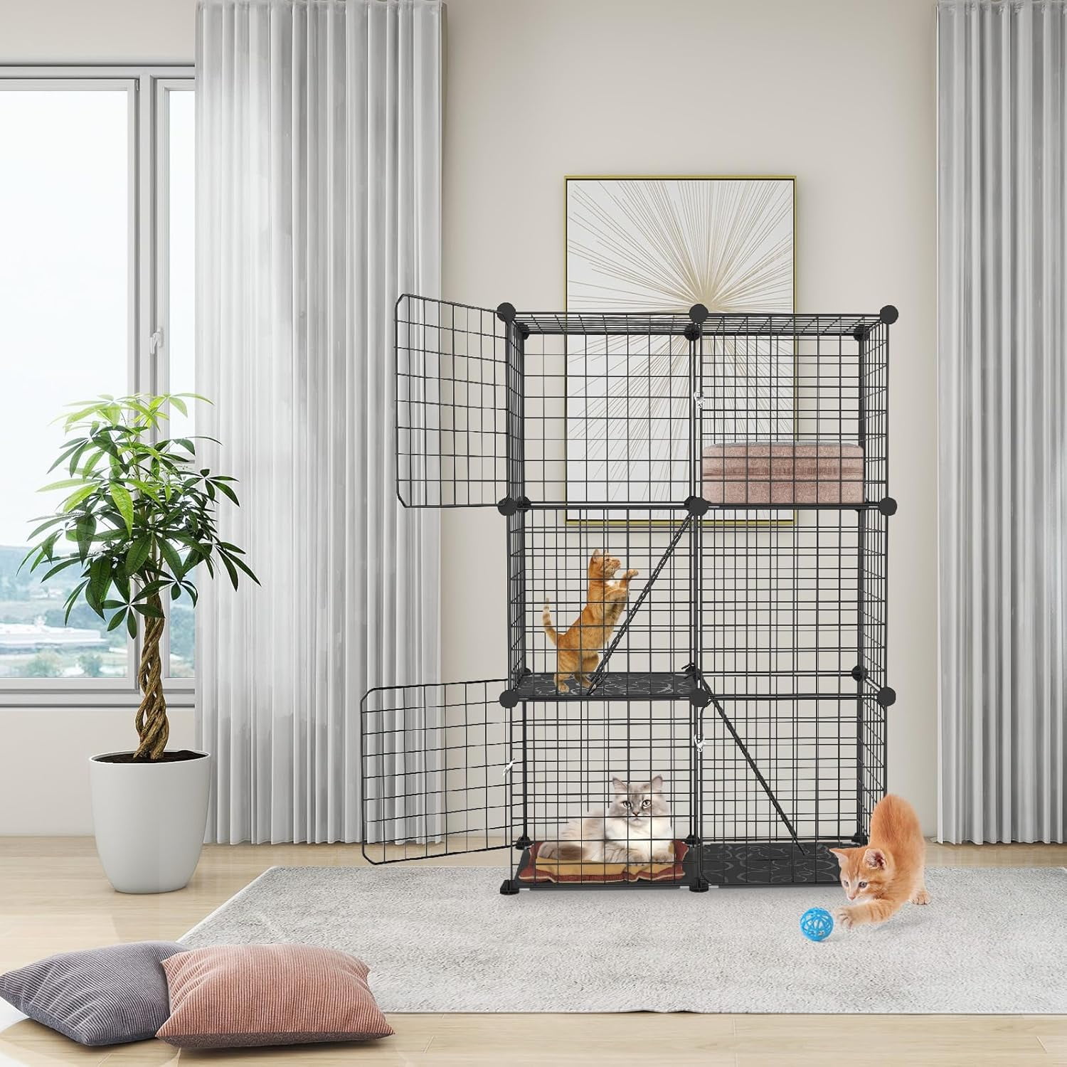 3-Story Metal Pet Cage - Heavy Duty 3 Door Small Animal Cage with 2 ...