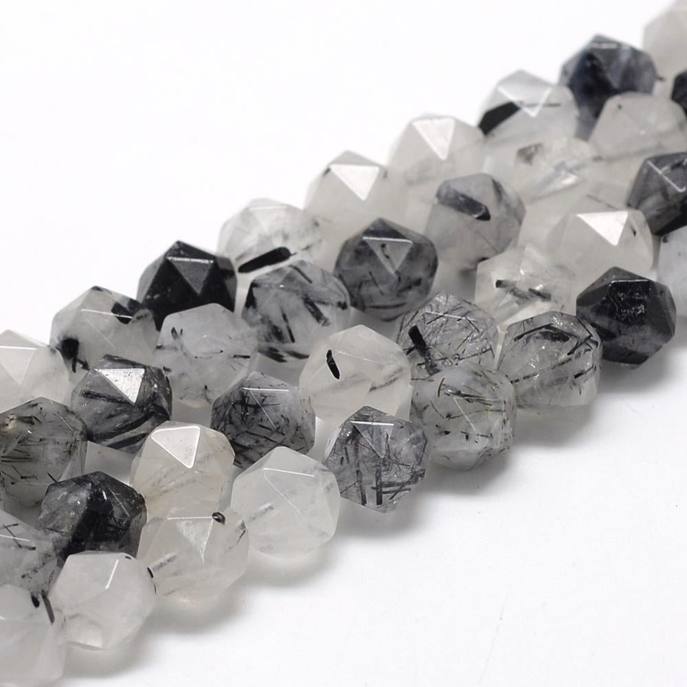 3 Strand Natural Black Rutilated Quartz Beads Strands Star Cut Round Beads Faceted 8~10x7~8mm ...