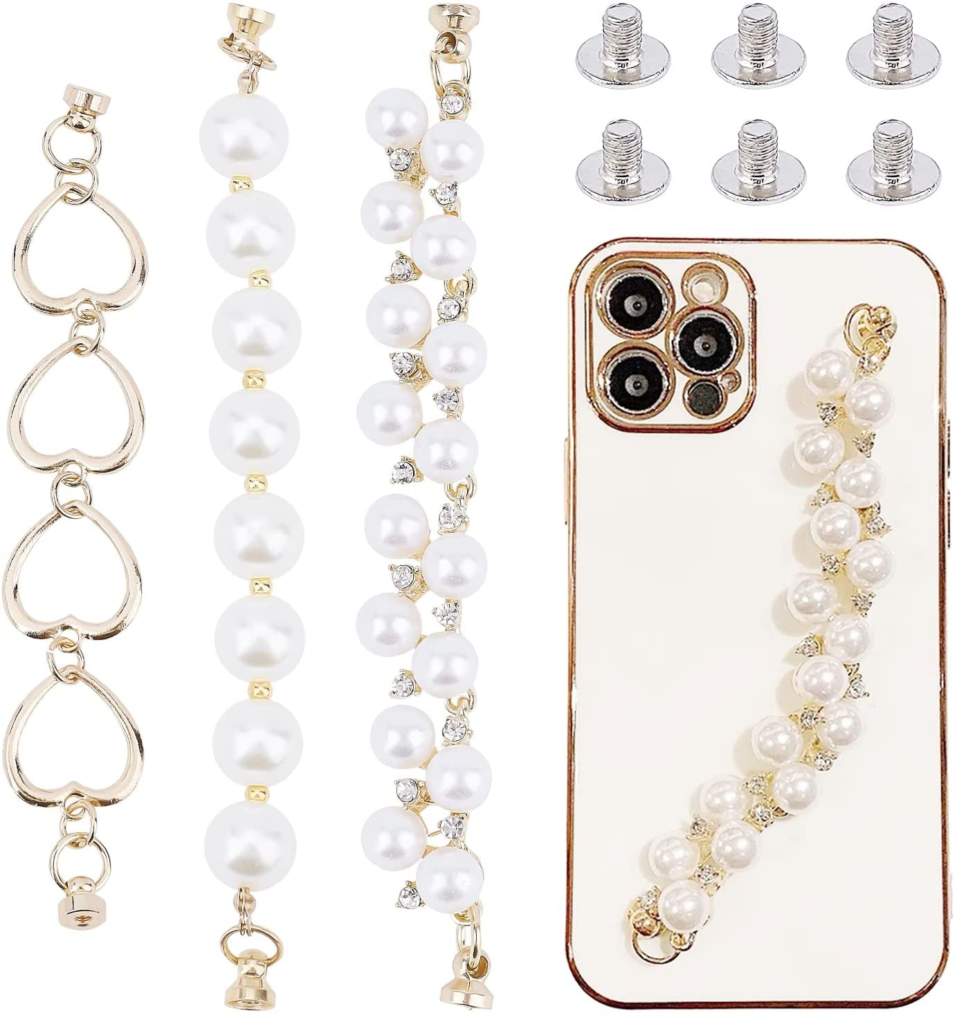 3 Styles Beaded Cell Phone Charms Pearl Phone Chain Decoration Lanyard ...