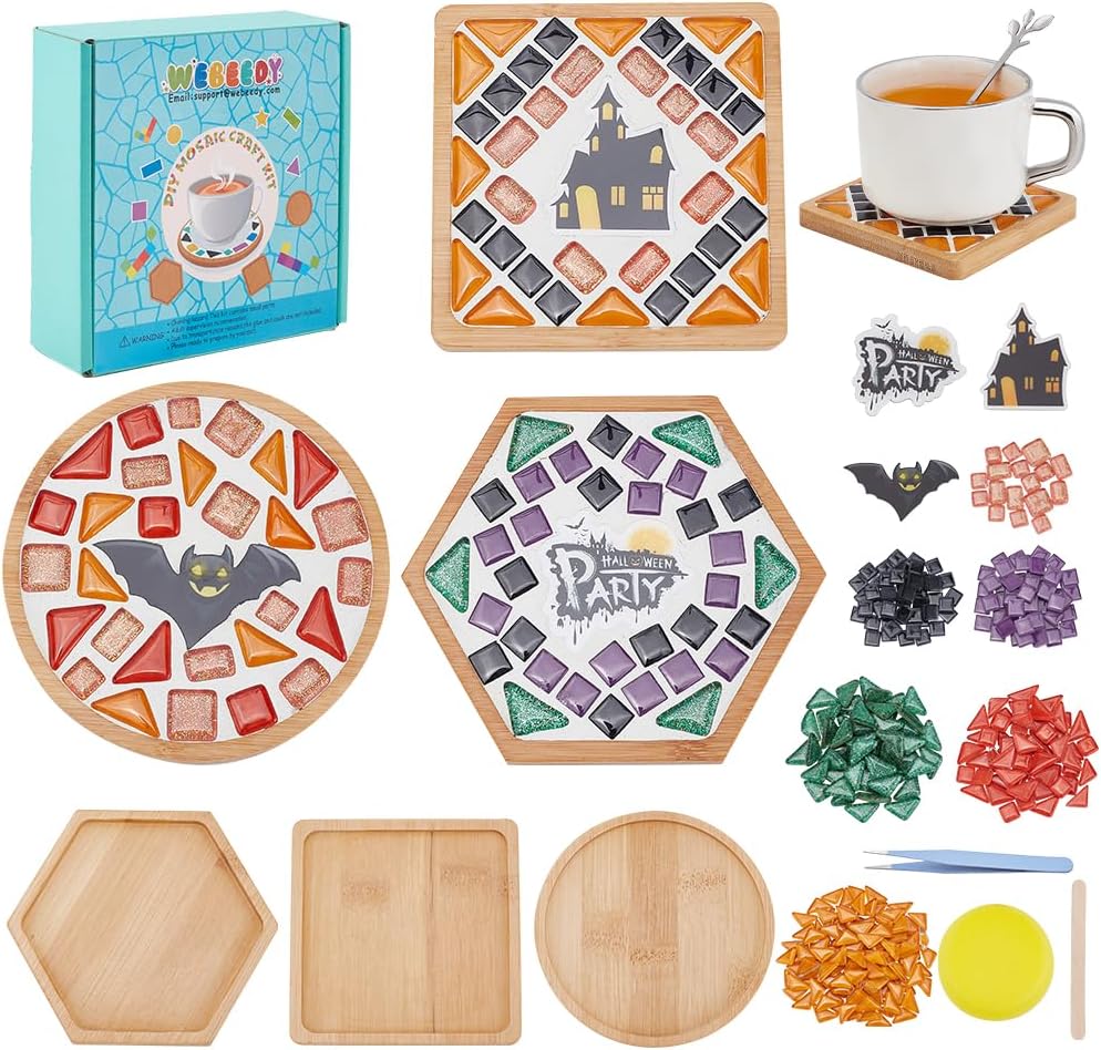 3 Styles DIY Mosaic Coasters Kit Haunted House Bats Design Coaster with ...