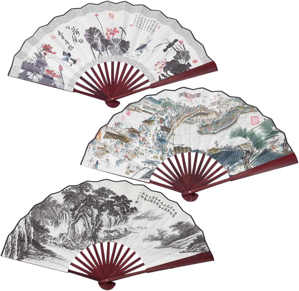 3 Styles Folding Fan with Chinese Traditional Painting Fabric Hand Fans ...