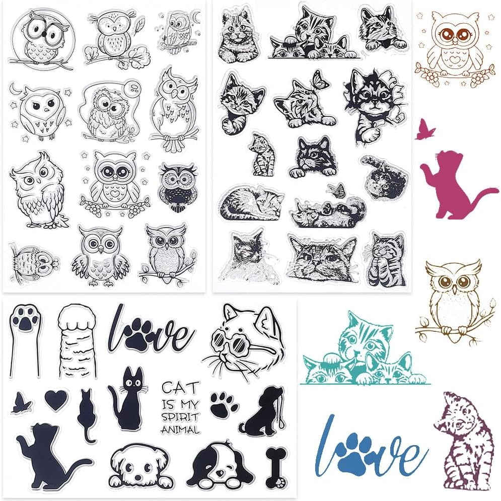 3 Styles Owl Clear Stamps Cat Animal Word Reusable Background Postmark ...