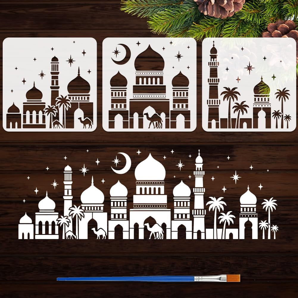 3 Styles Religious Buildings Stencils with a Brush 11.8x11.8Inch Mosque ...