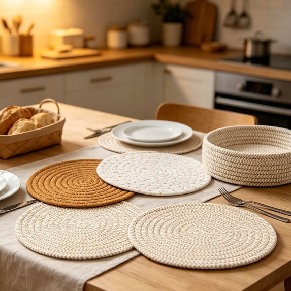 3 Styles Round Woven Cotton Yarn Heat Insulation Mat, Non-Slip ...