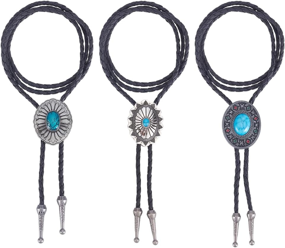3 Styles Western Cowboy Alloy Bola Tie Turquoise Necktie PU Leather ...