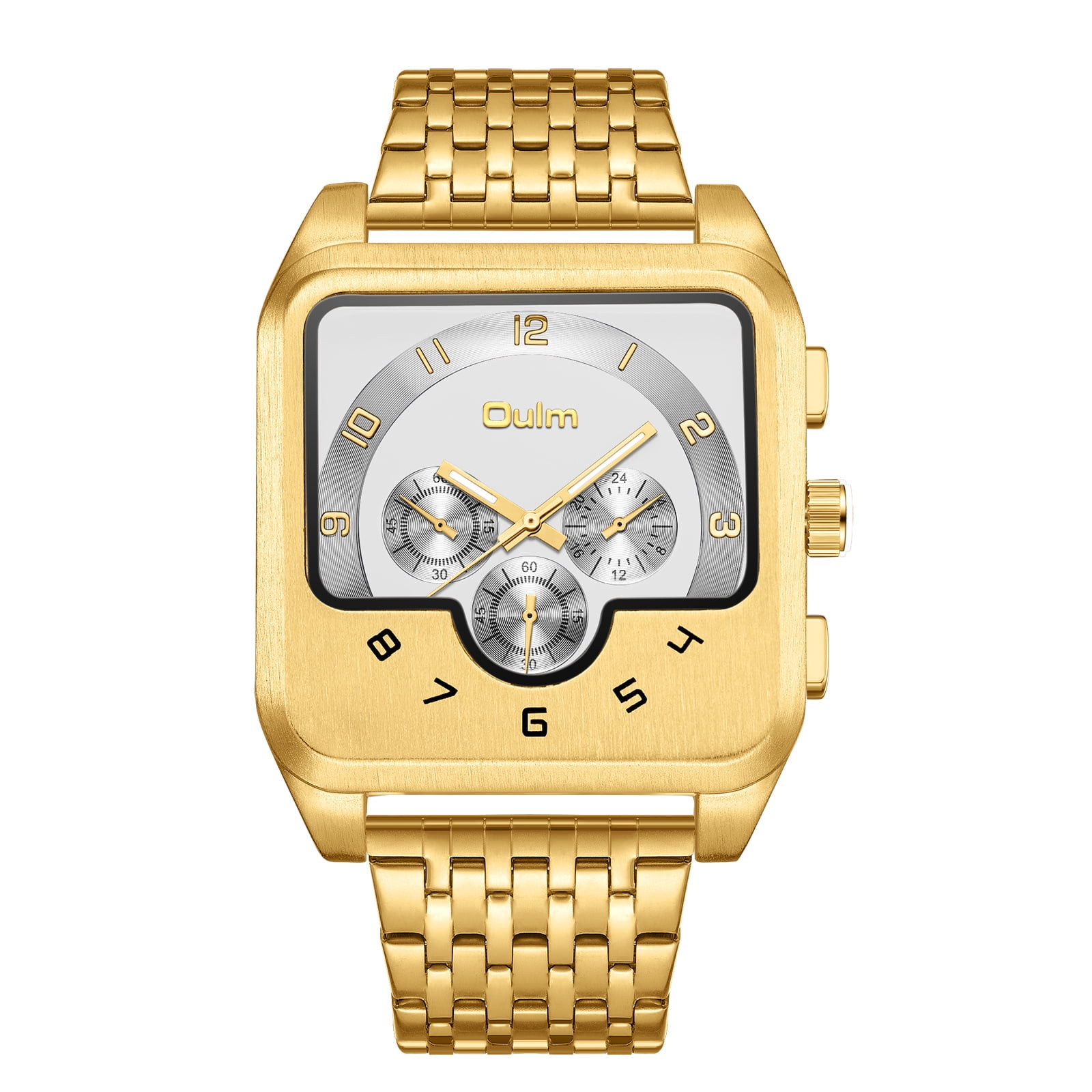 3 Sub-dials Quartz Mens Military Army Sport Wristwatch Gold Stainless ...