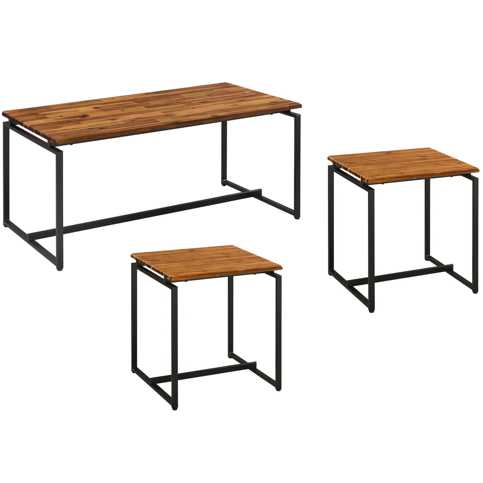 3 Table With Oak Top And Black Metal Sled Base, Living Room Elegance ...