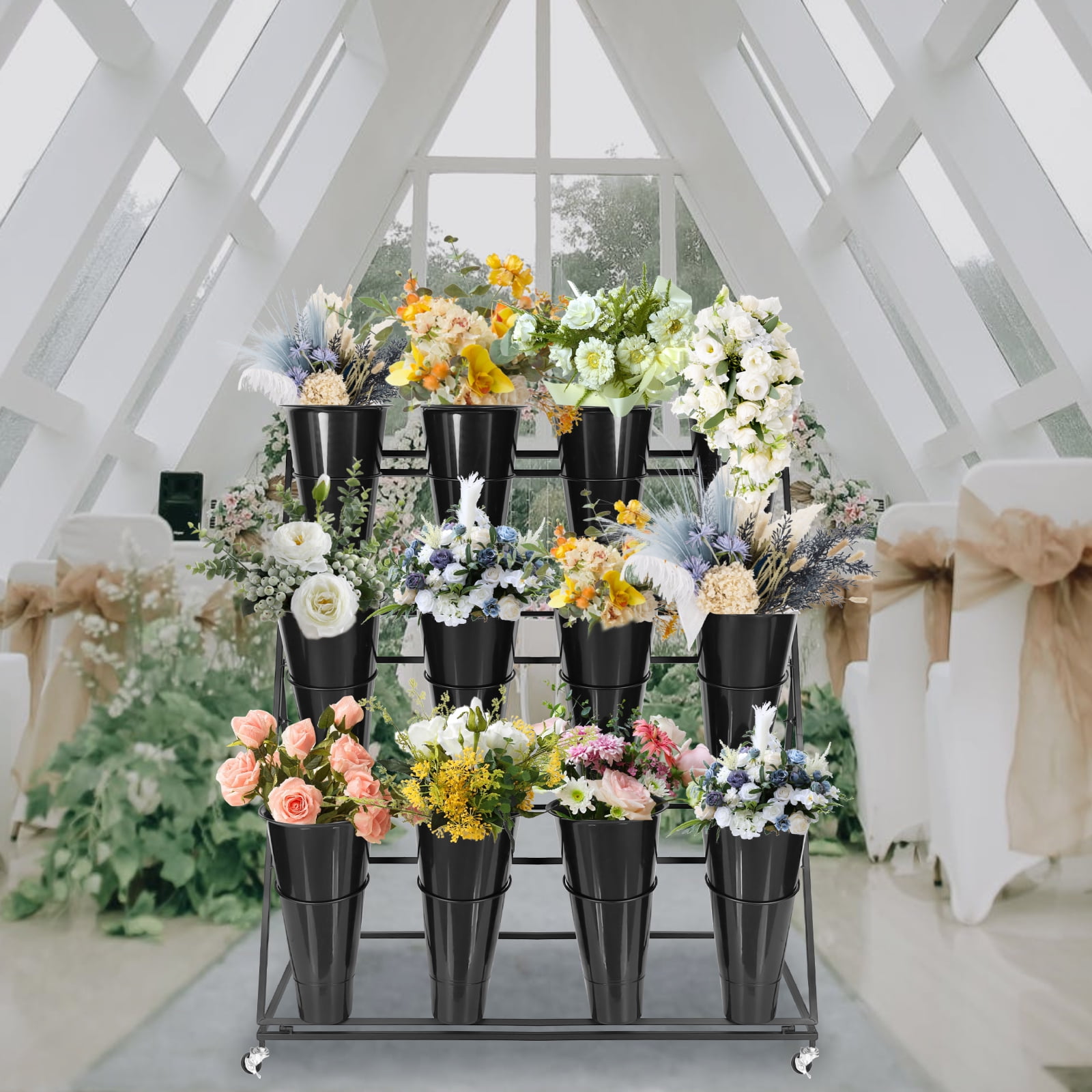 3-Tier 12-Bucket Flower Cart, Movable Metal, Rolling Wheels, for ...