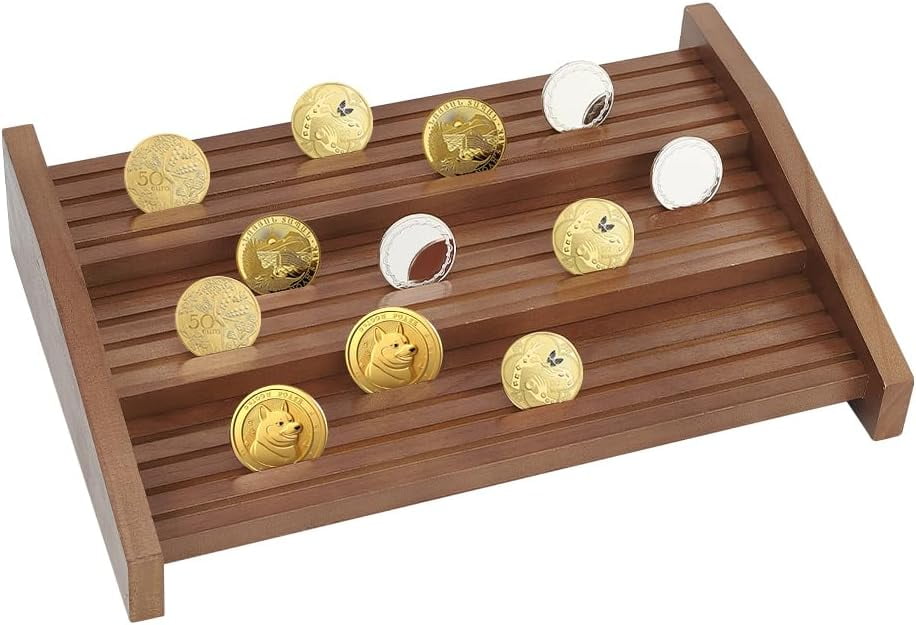 3-Tier 12-Slot Wooden Commemorative Coin Display Risers Rectangle Camel ...