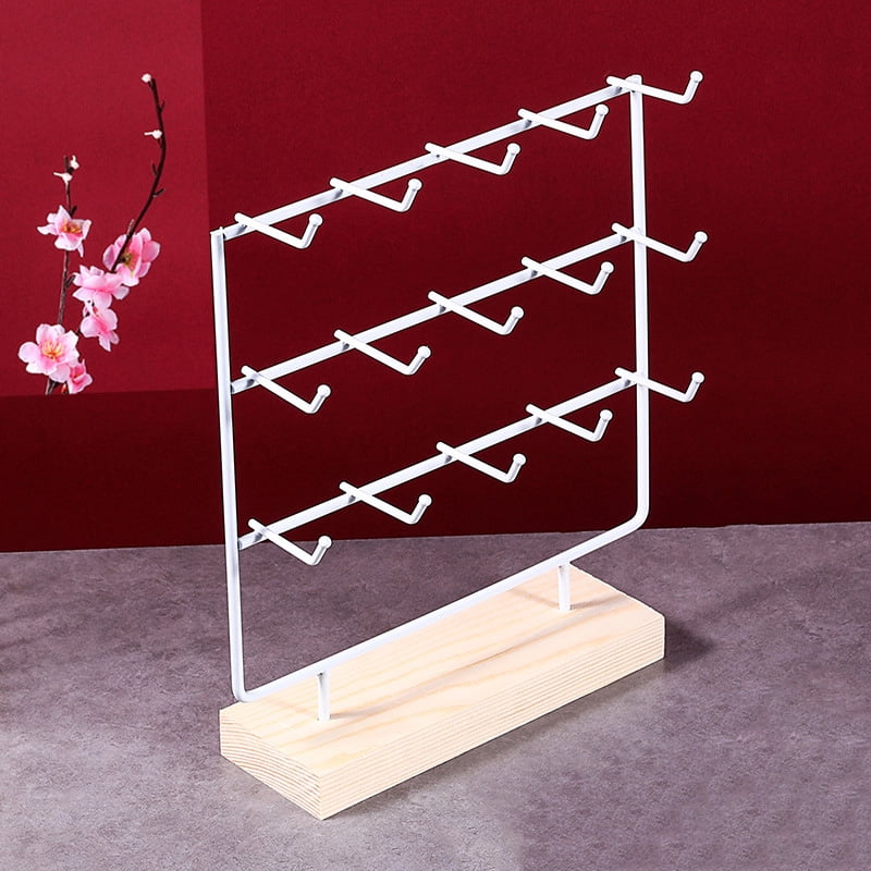 3-Tier 15-Hook Iron Jewelry Display Stands with Wooden Base Jewelry ...