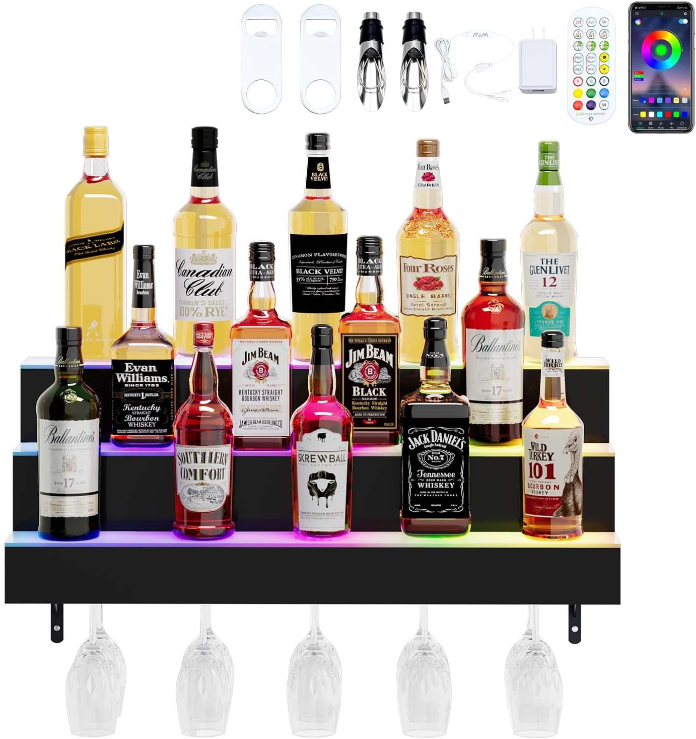 3 Tier 30 Inch LED Lighted Liquor Bottle Display Shelf - Wall Mounted ...