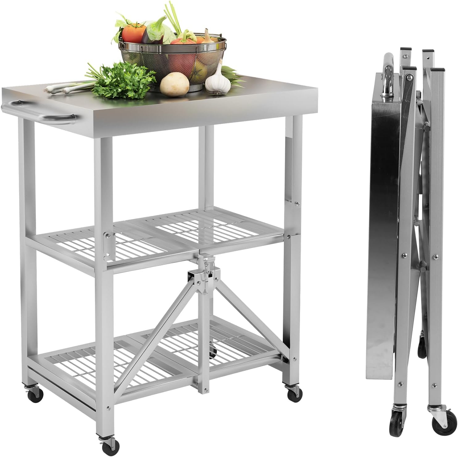 3 Tier 300 LBS Foldable Rolling Service Cart Stainless Steel Utility ...