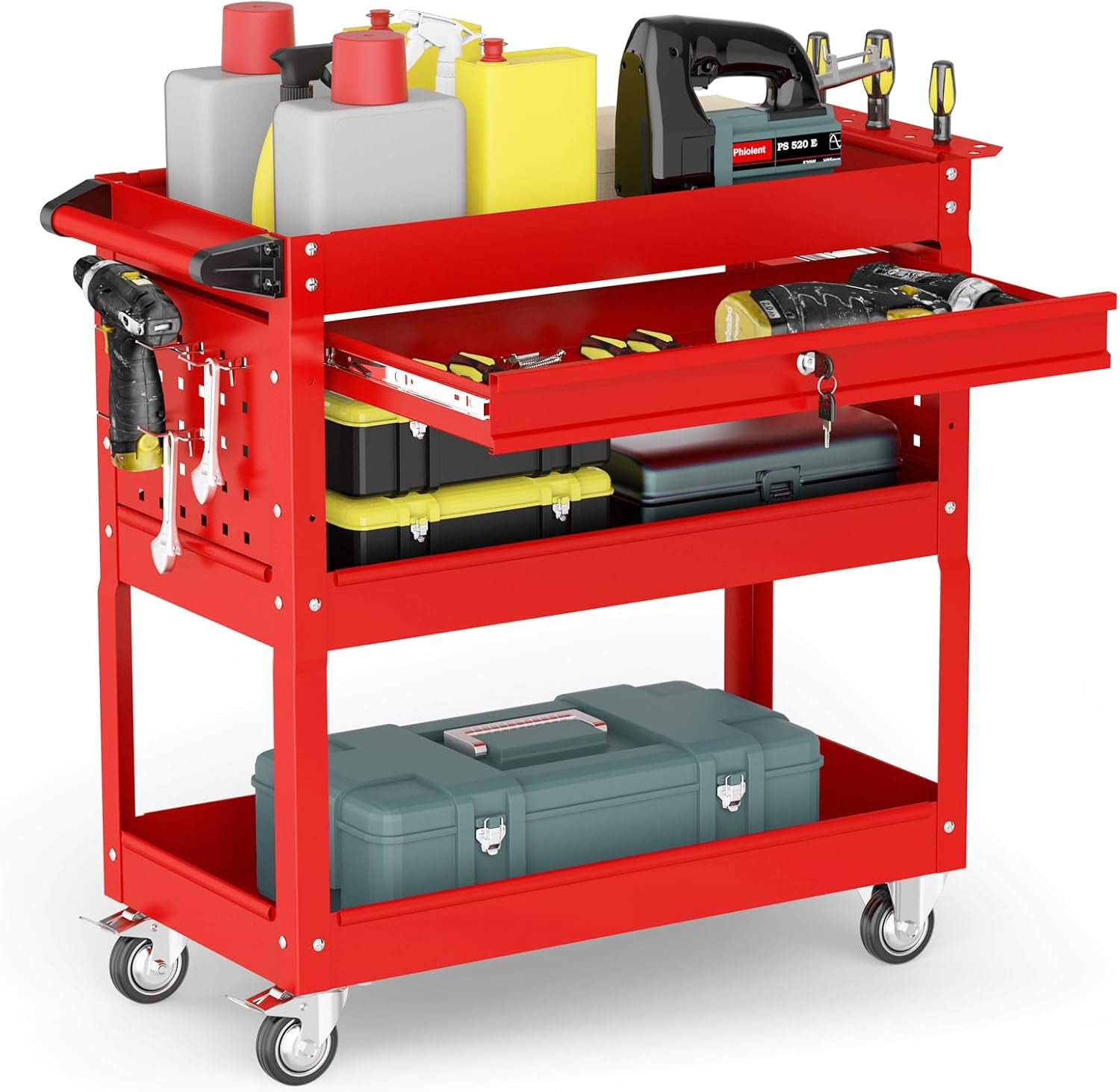 3 Tier 440 LBS Rolling Tool Cart on Wheels, Heavy Duty Utility Cart with Drawers, Screwdriver ...