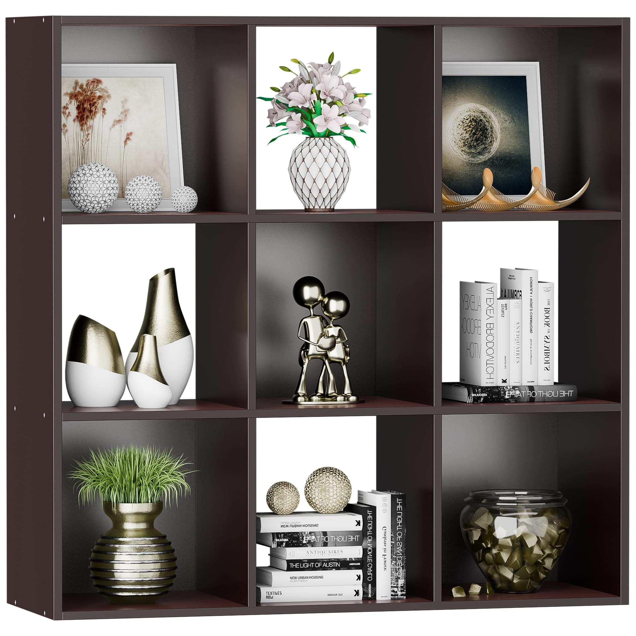 3 Tier 9 Cube Modular Bookshelf, Wood Storage Rack with 5 Detachable ...
