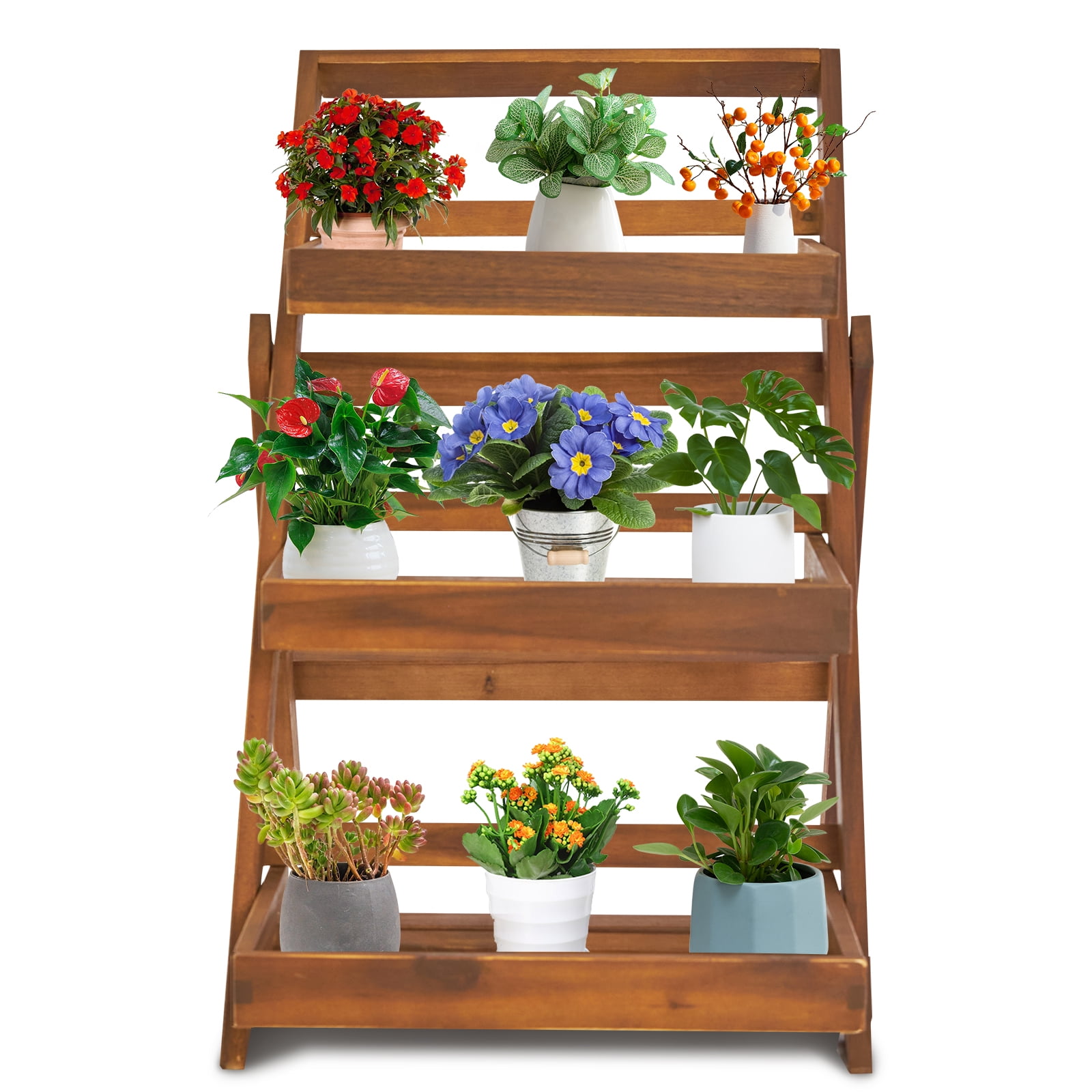3-Tier Acacia Wood Plant Stand, Foldable Compact Indoor/Outdoor Display ...
