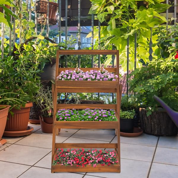 3-Tier Acacia Wood Plant Stand, Foldable Compact Indoor/Outdoor Display ...