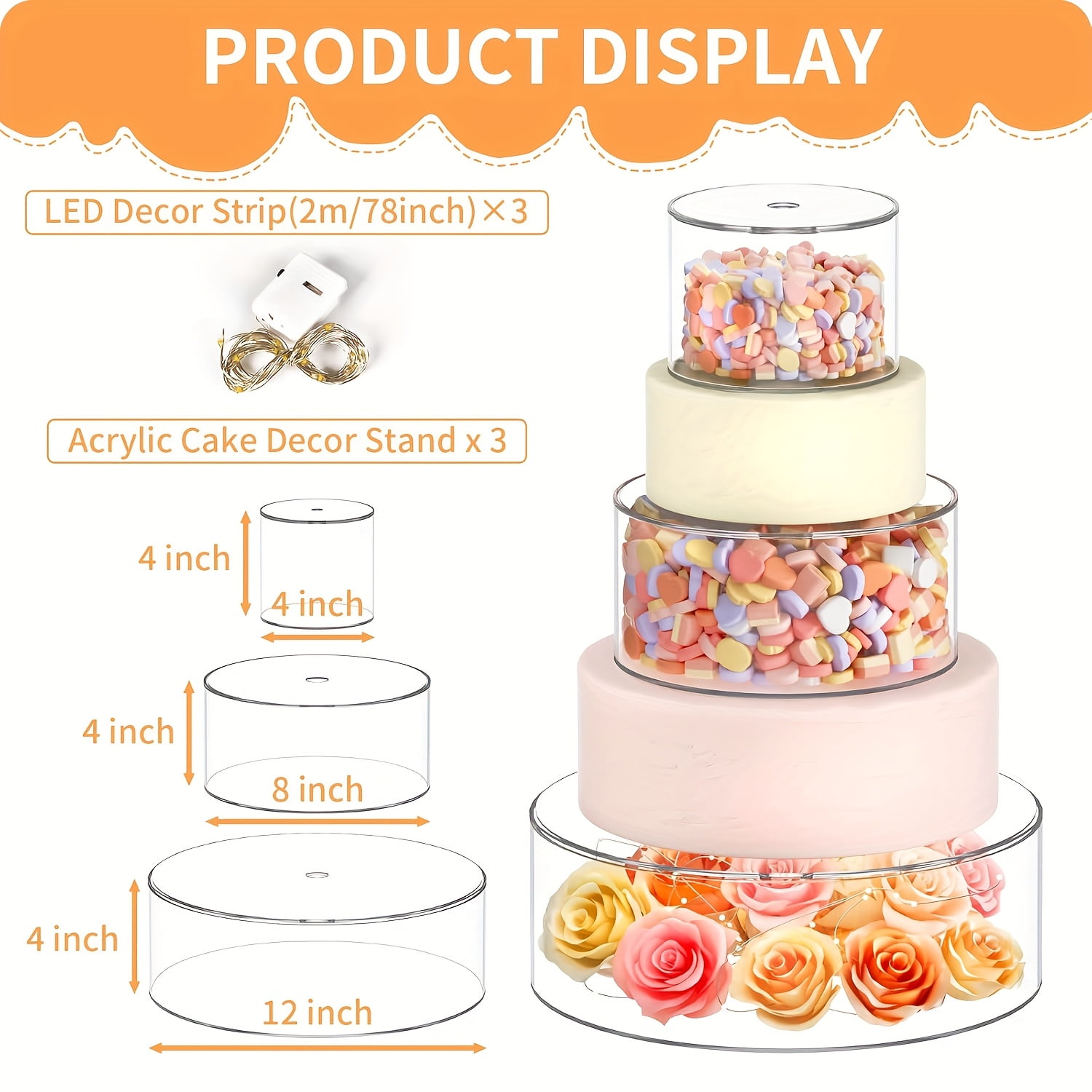 3-Tier Acrylic Cake Stand Set (12''+8''+4'') - Food-Safe Shatterproof ...