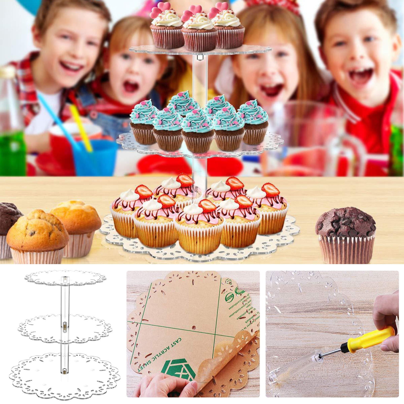 3-Tier Acrylic Cupcake Stand Wedding & Party Dessert Display Tray Space ...