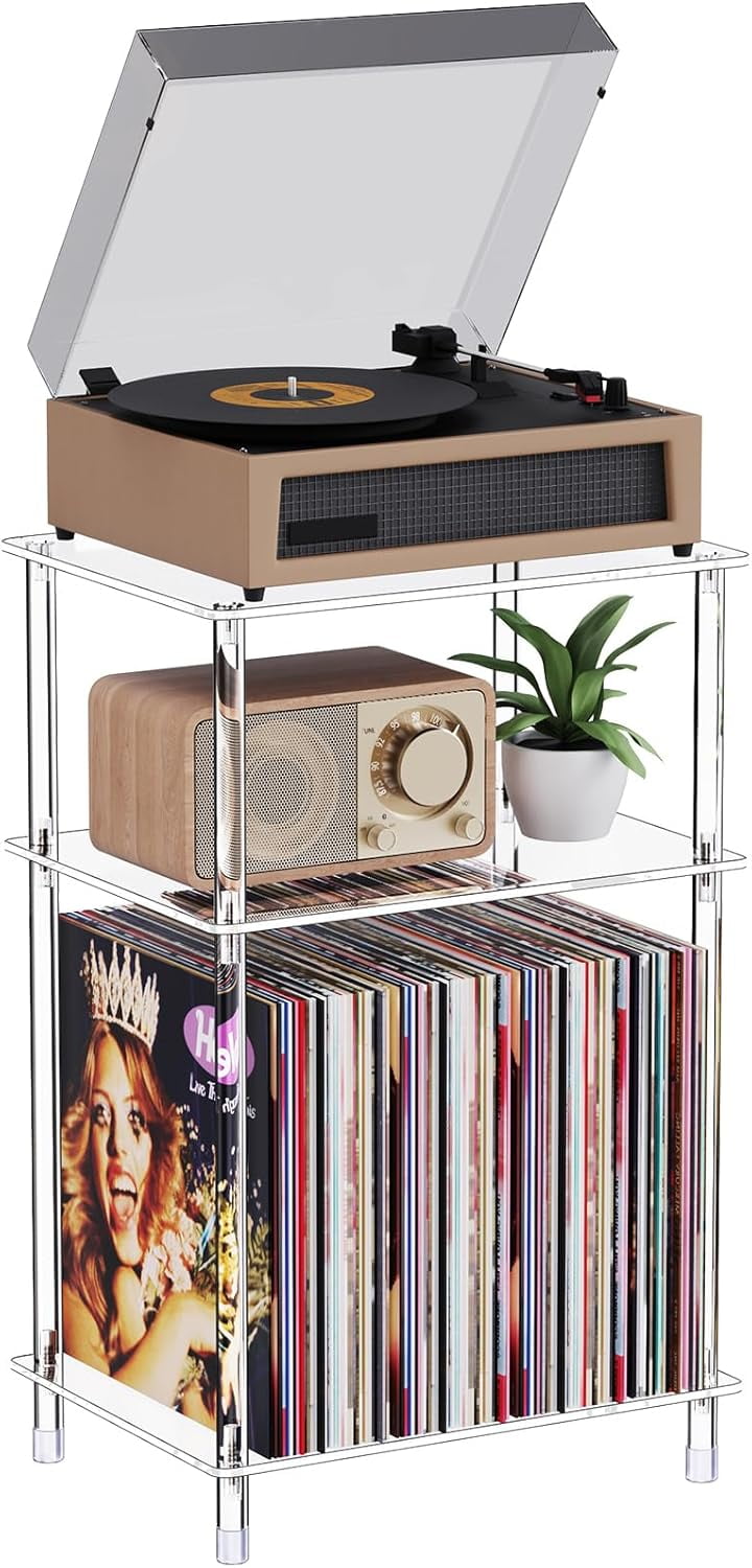 3 Tier Acrylic Record Player Stand with Vinyl Storage, 15.75" L x 11.81 ...