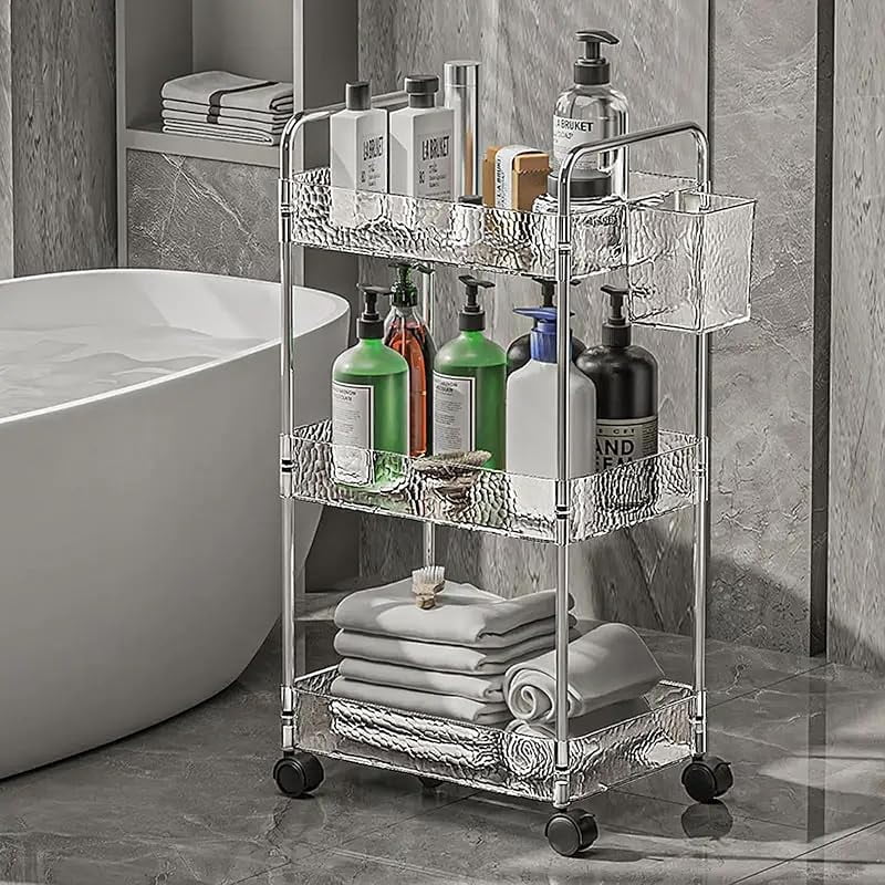3-Tier Acrylic Storage Rolling Cart Clear Bathroom Cart Organizer ...
