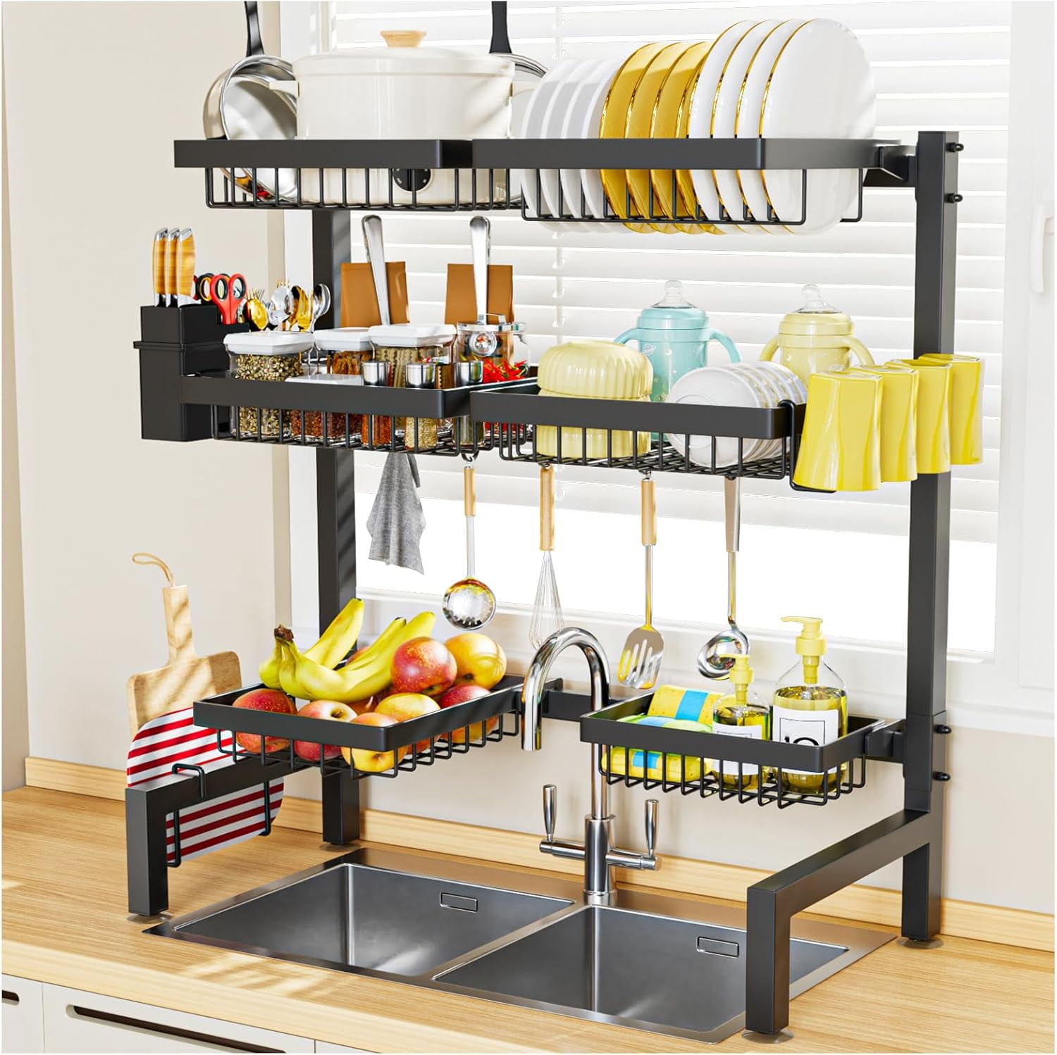 3-Tier Adjustable Dish Drying Rack with 6 Baskets, Over Sink Extensible ...