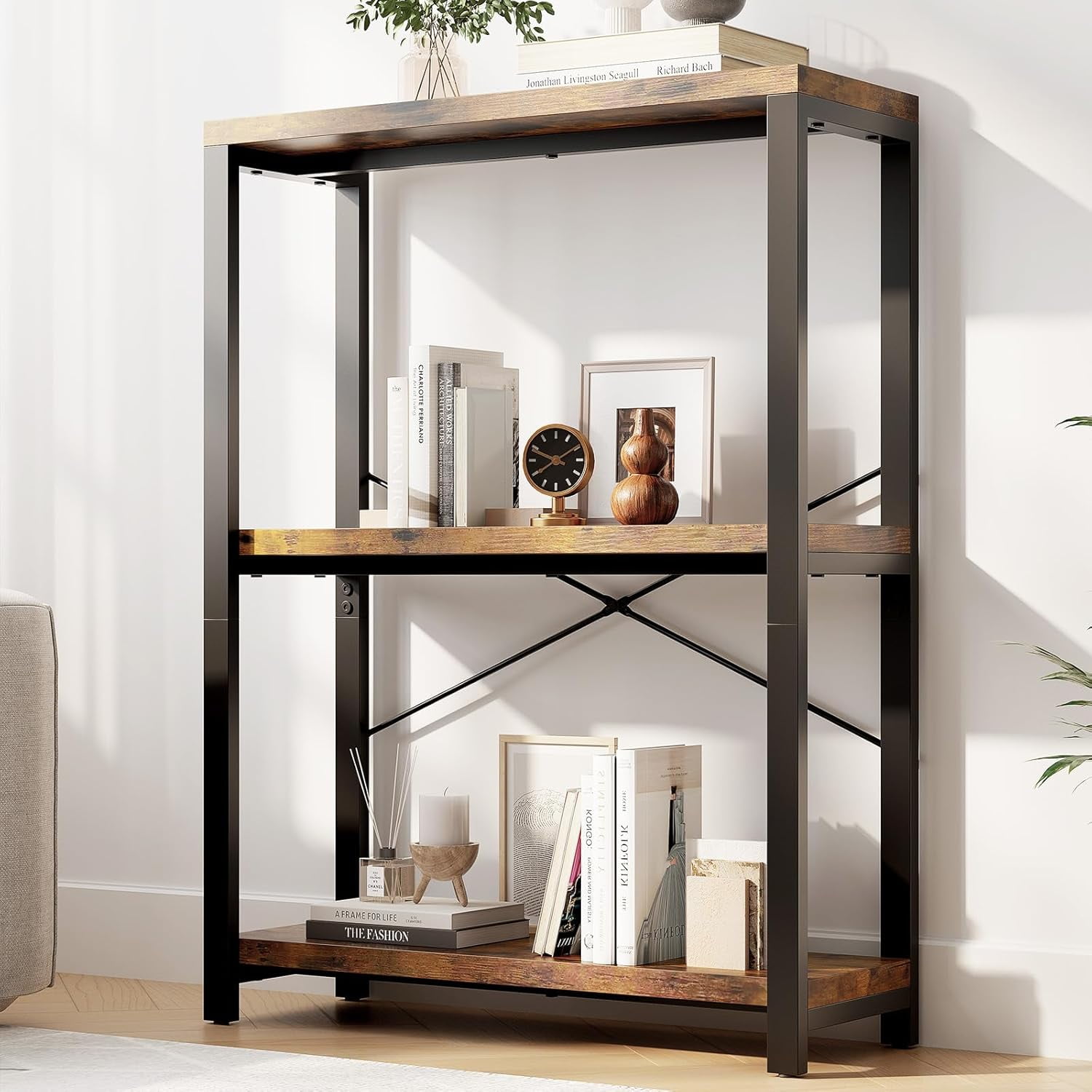 3-Tier Adjustable Heavy Duty Bookshelf, Wooden Open Storage Rack with ...