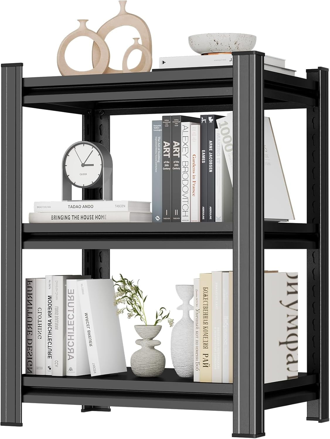 3 Tier Adjustable Height Bookshelf, Metal Frame with Wooden Shelves ...