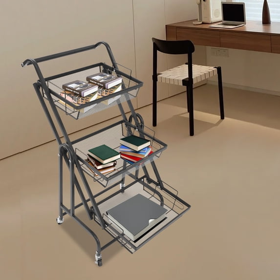 3-Tier Adjustable Metal Rolling Utility Cart, Multi-Functional Storage ...
