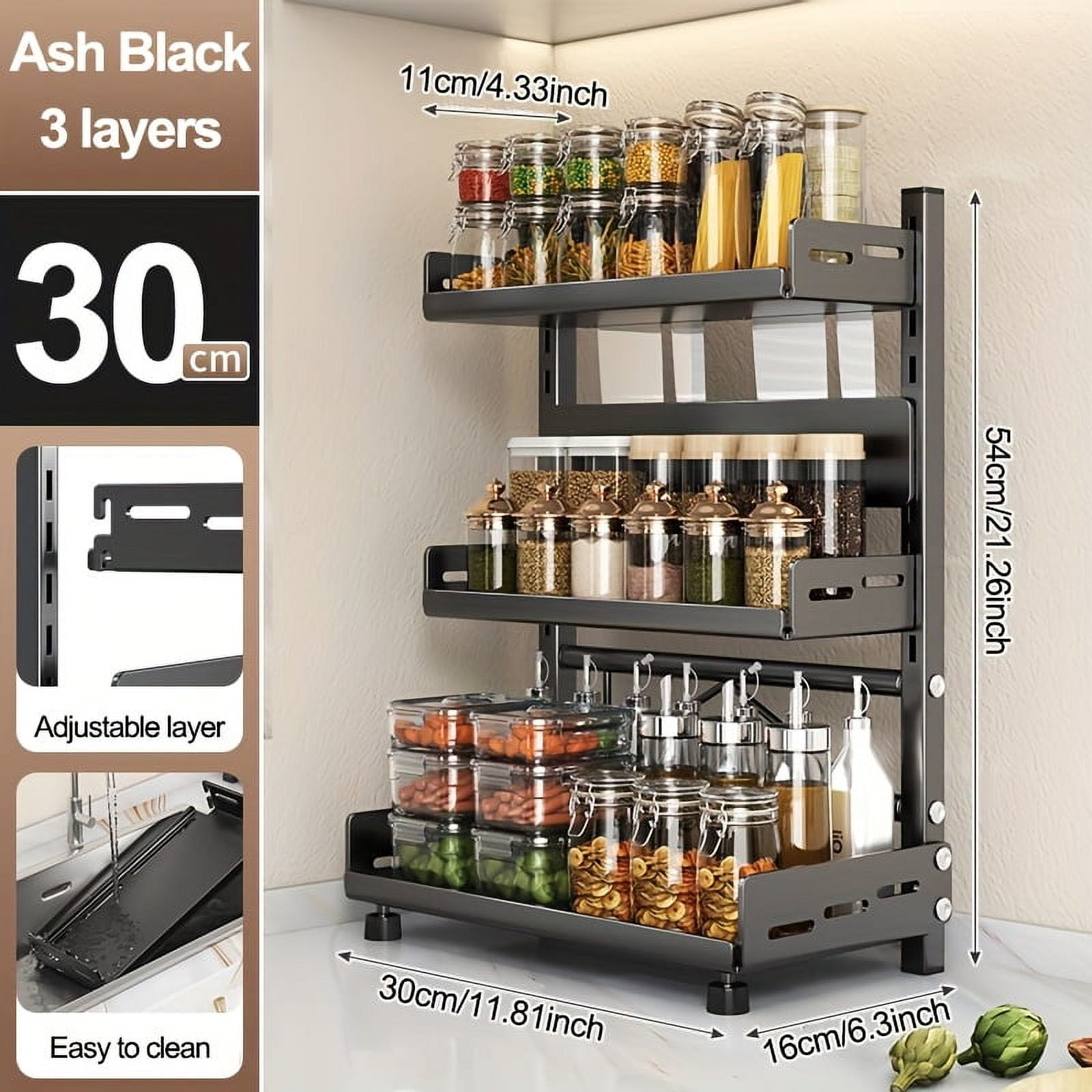3-Tier Adjustable Metal Spice Rack Organizer-Space-Saving No-Screw ...