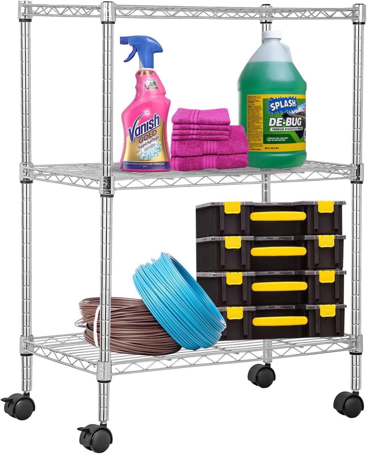 3-Tier Adjustable Metal Storage Rack with Wheels Mesh Shelving Unit ...