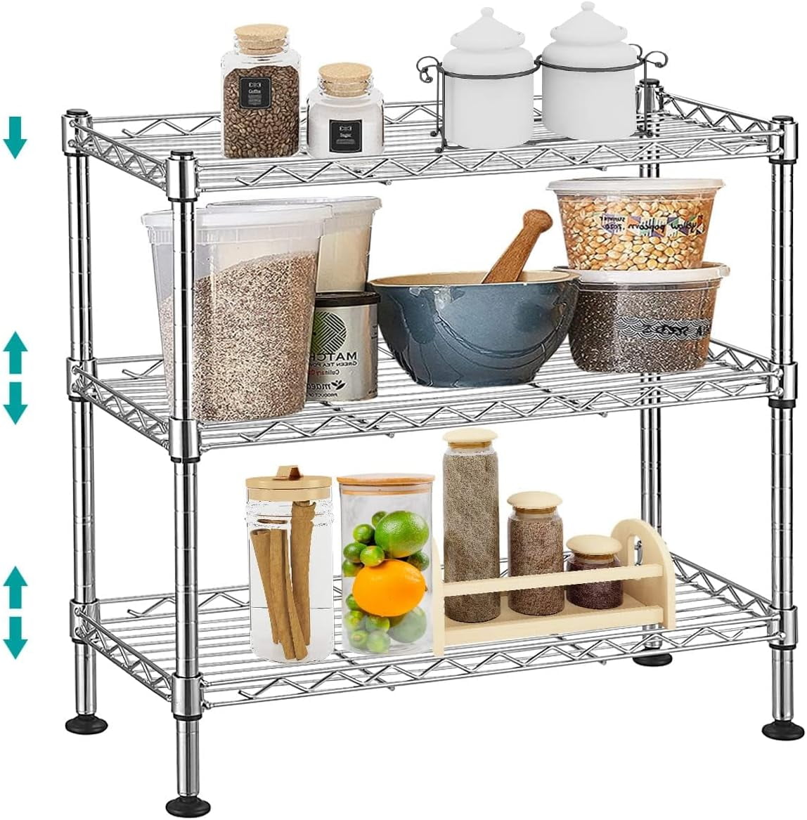 3 Tier Adjustable Wire Shelf with Wheels 3 Tier Mobile Metal Storage ...