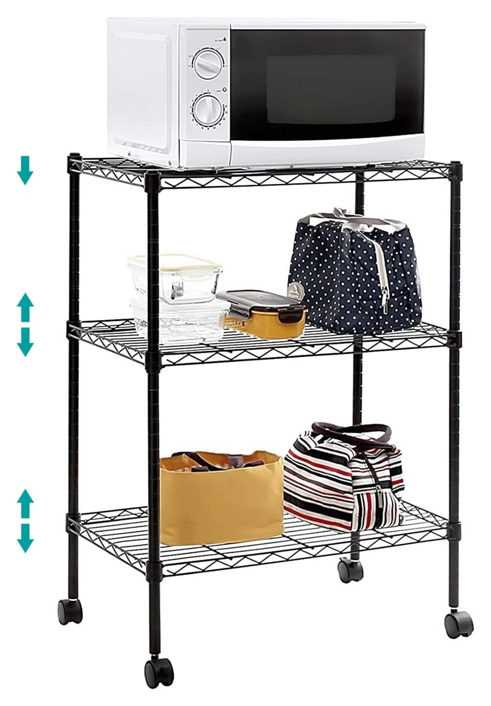 3 Tier Adjustable Wire Shelf with Wheels, 3 Tier Metal Storage Shelves ...