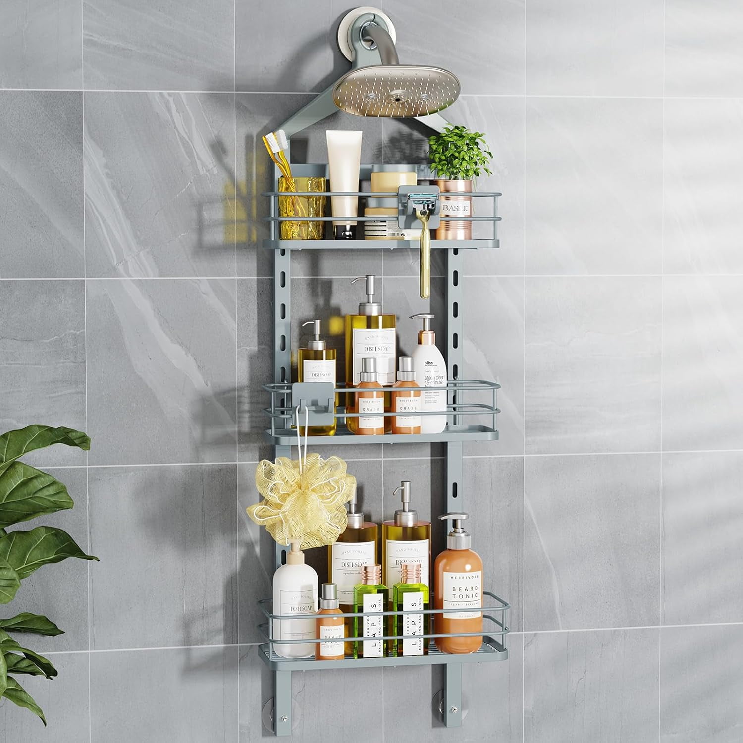 3 Tier Anti-Swing Hanging Shower Caddy Height-Adjustable Shower Caddy ...