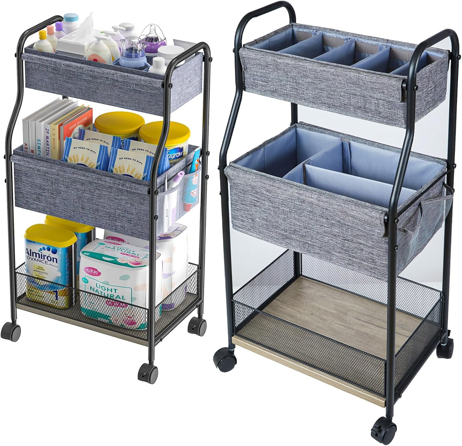 3-Tier Baby Diaper Caddy Organizer and Storage Cart with 4+2 Dividers ...