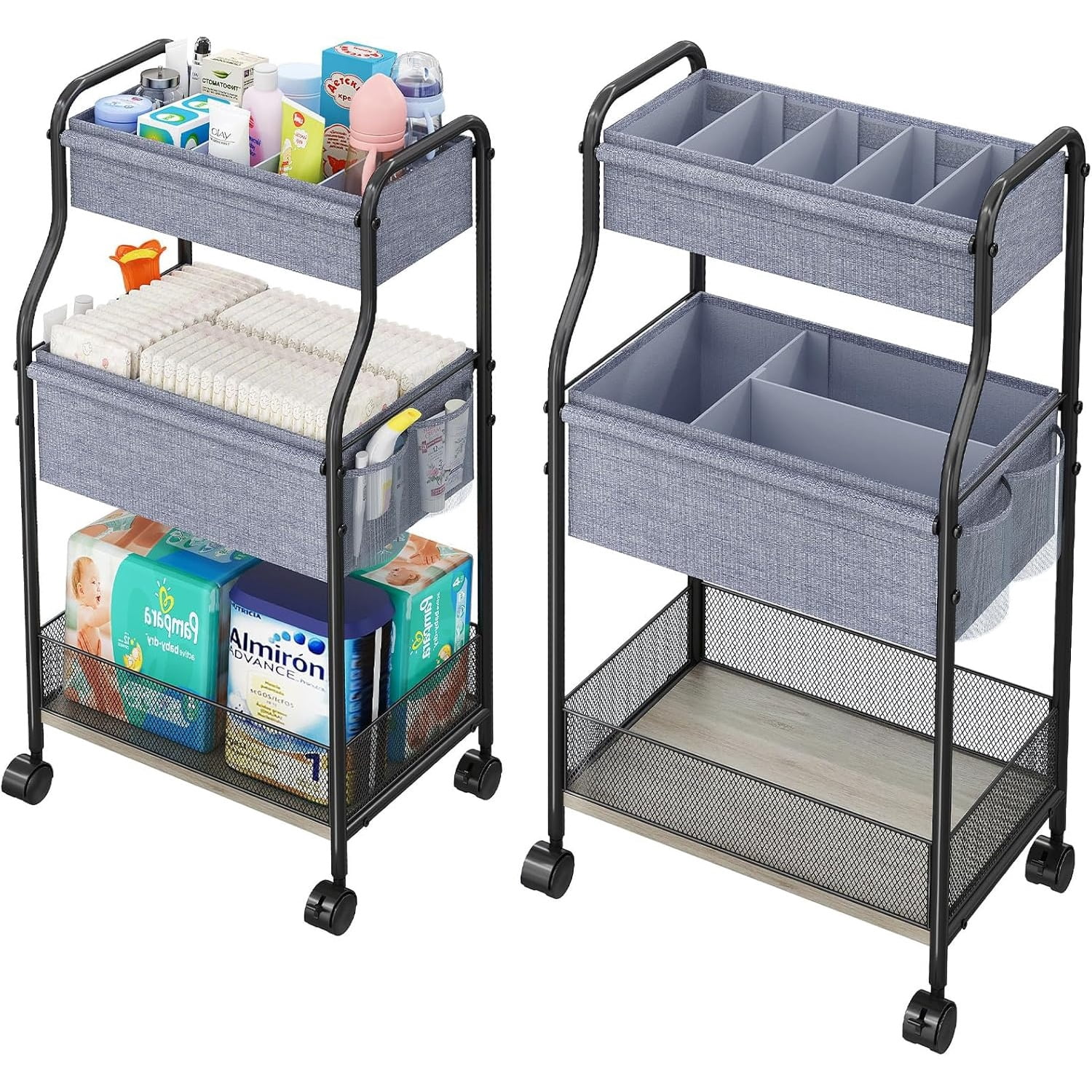 3-Tier Diaper Caddy Organizer and Storage Cart with 4+2 Dividers ...