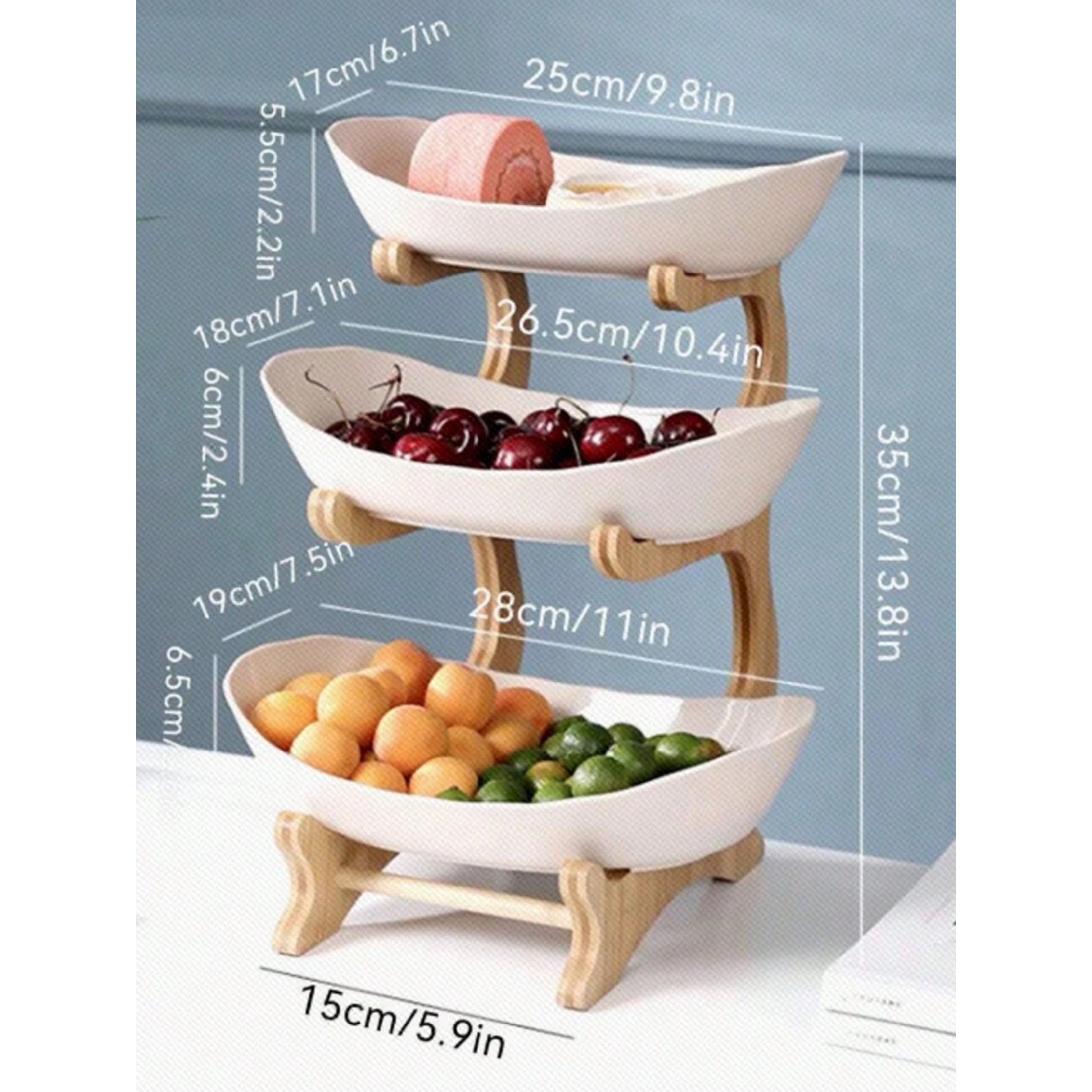 3-Tier Bamboo & Ceramic Boat-Shaped Fruit Stand for Kitchen, Dining ...