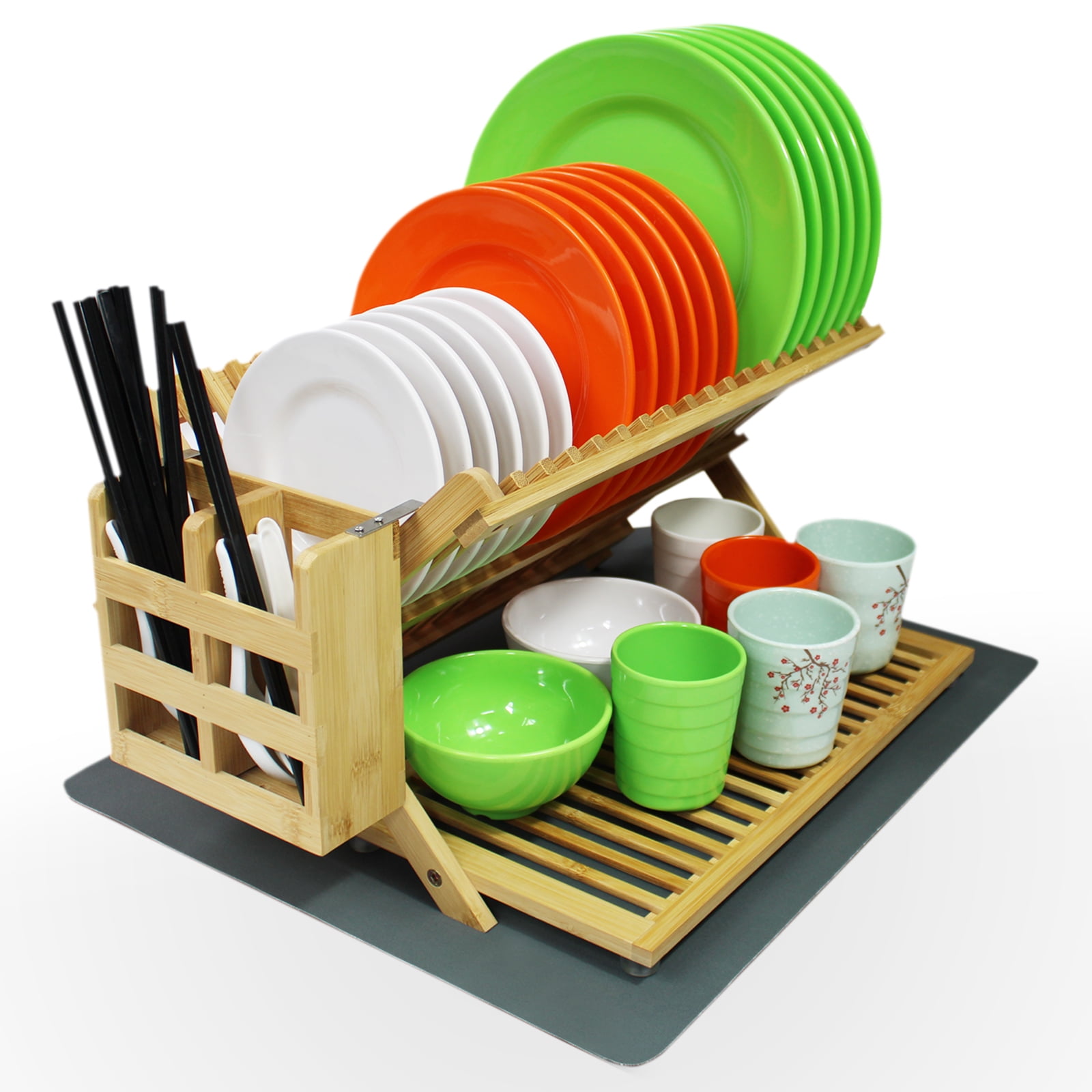3 Tier Bamboo Dish Drying Rack with Utensil Holder, Collapsible Dish ...