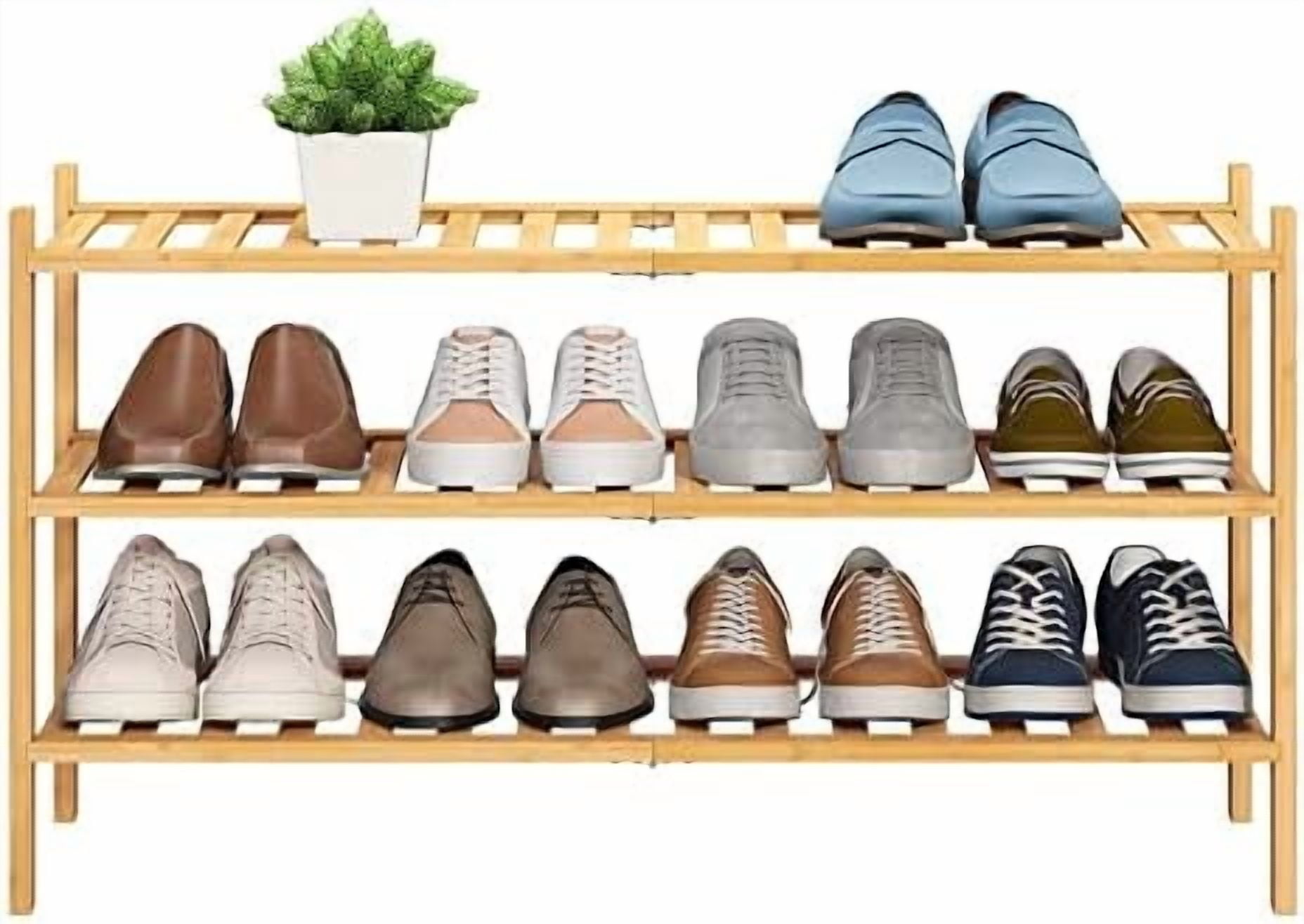 3-Tier Bamboo Extended Shoe Rack Premium Stackable Shoe Shelf Storage ...
