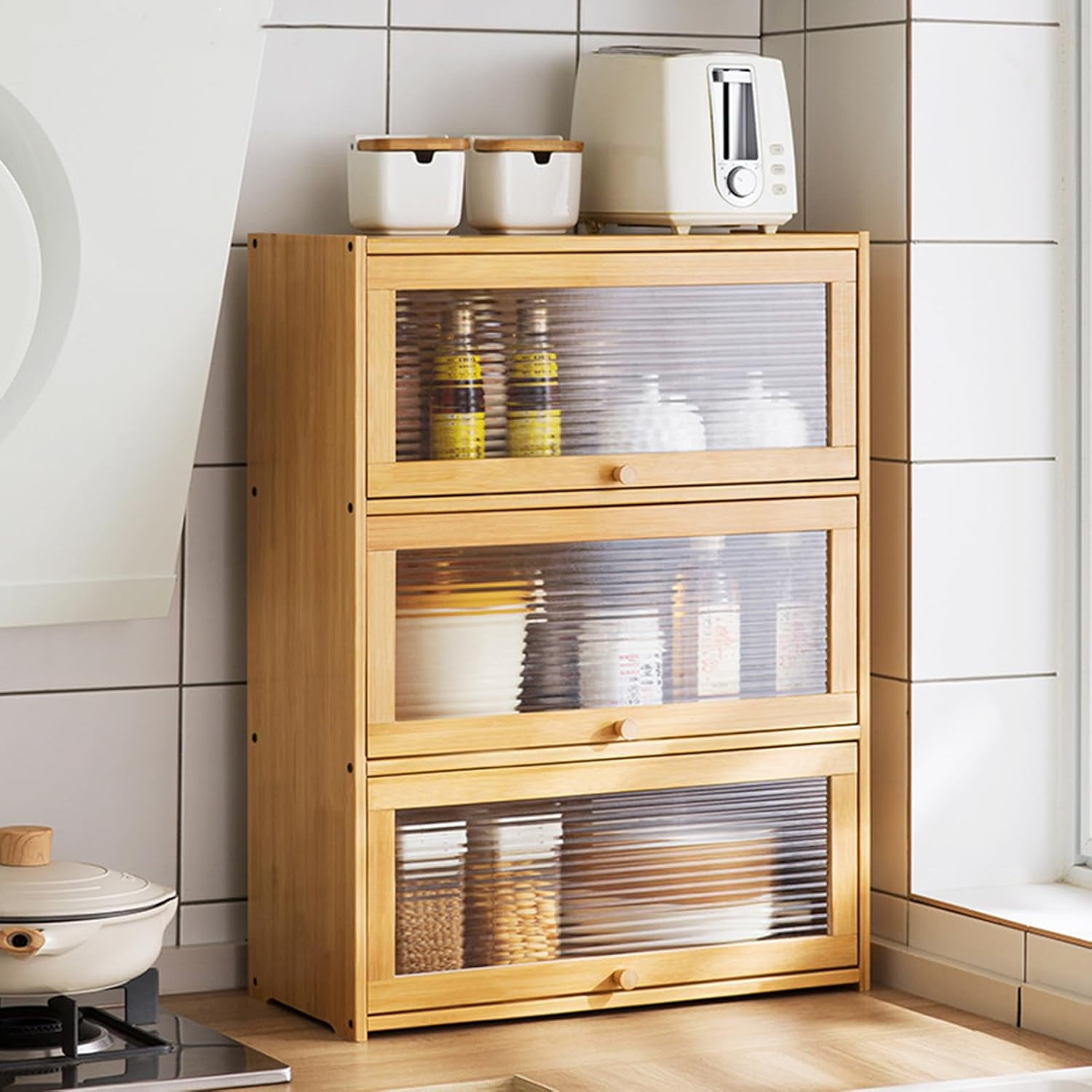 3-Tier Bamboo Kitchen Pantry Sideboard,Countertop Storage Cabinet with ...