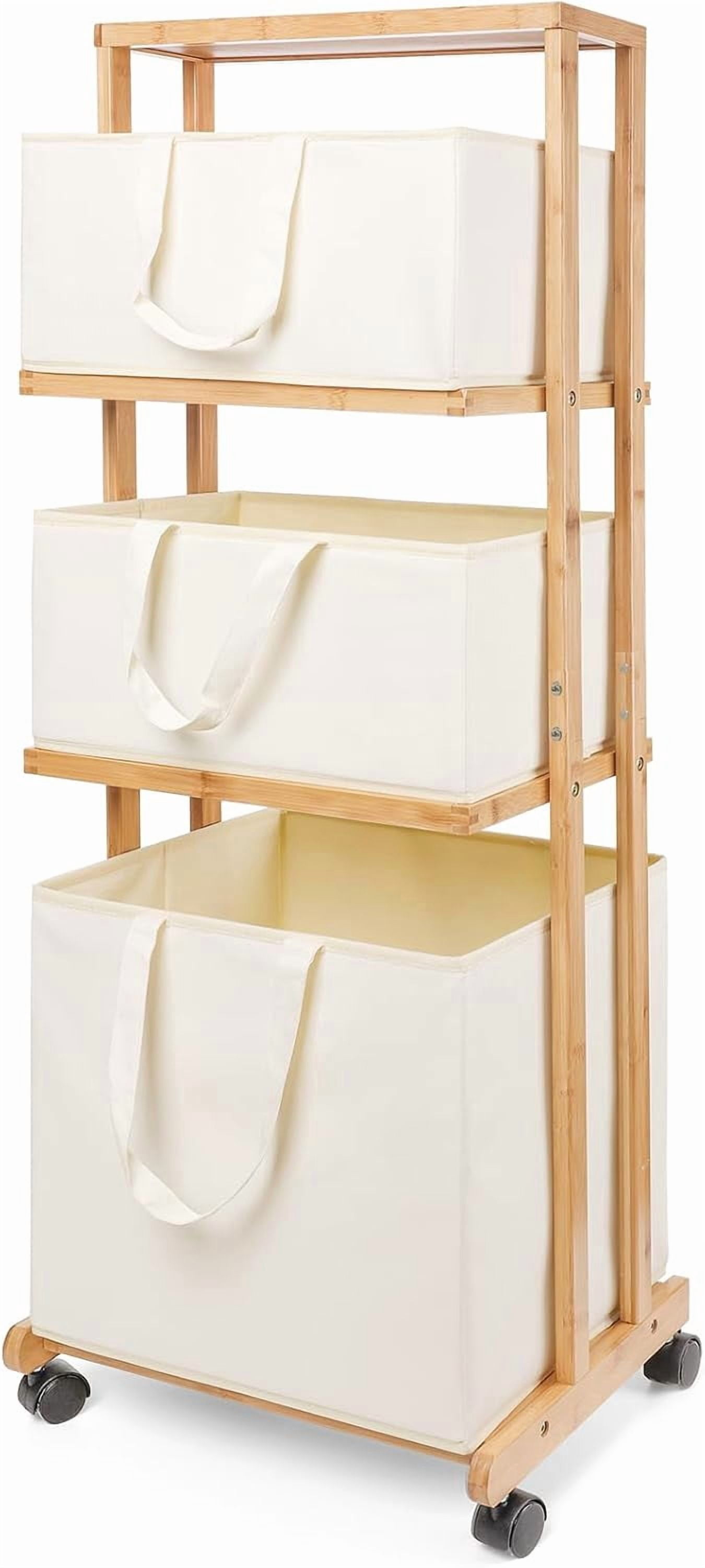 3-Tier Bamboo Laundry Basket Storage Shelf with Wheels, Freestanding ...